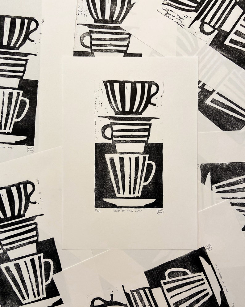 Some of Many Cups - 3 Geometric Cups - Linocut Print - Original Linocut ...
