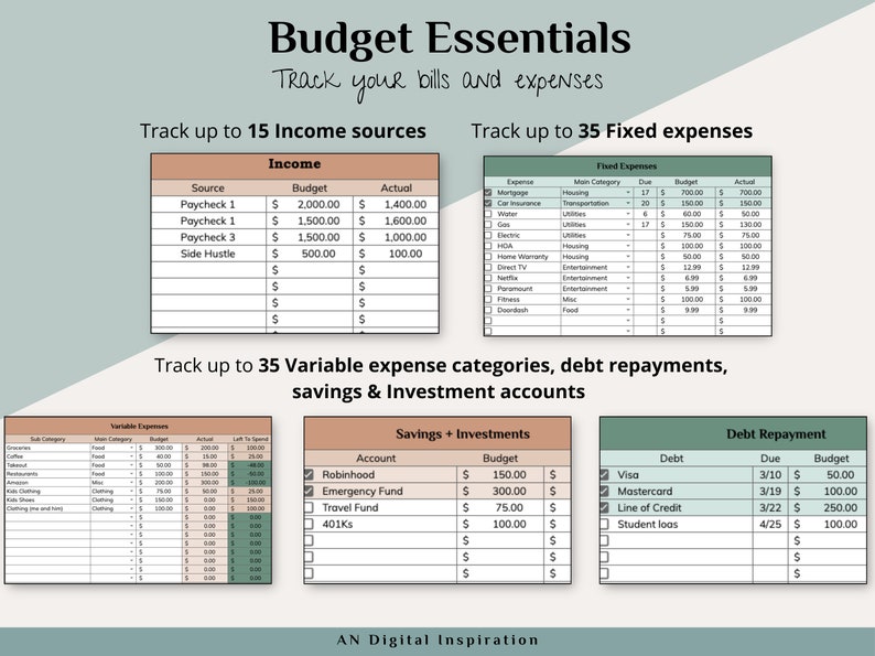 Monthly Budget Spreadsheet Google Sheet Planner Template Daily Weekly ...