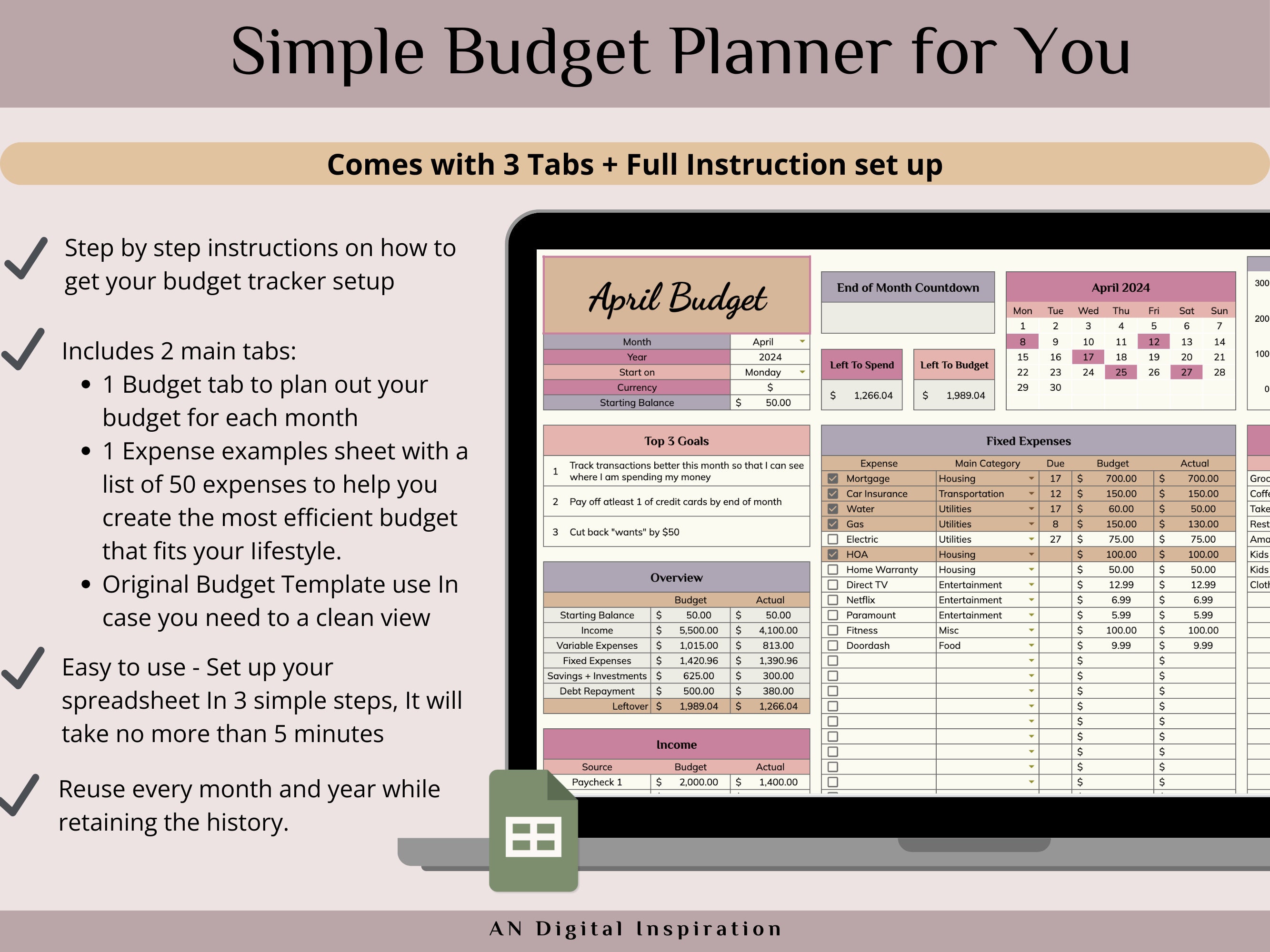 Income Expense Spreadsheet Monthly Planner Google Sheet Template for ...