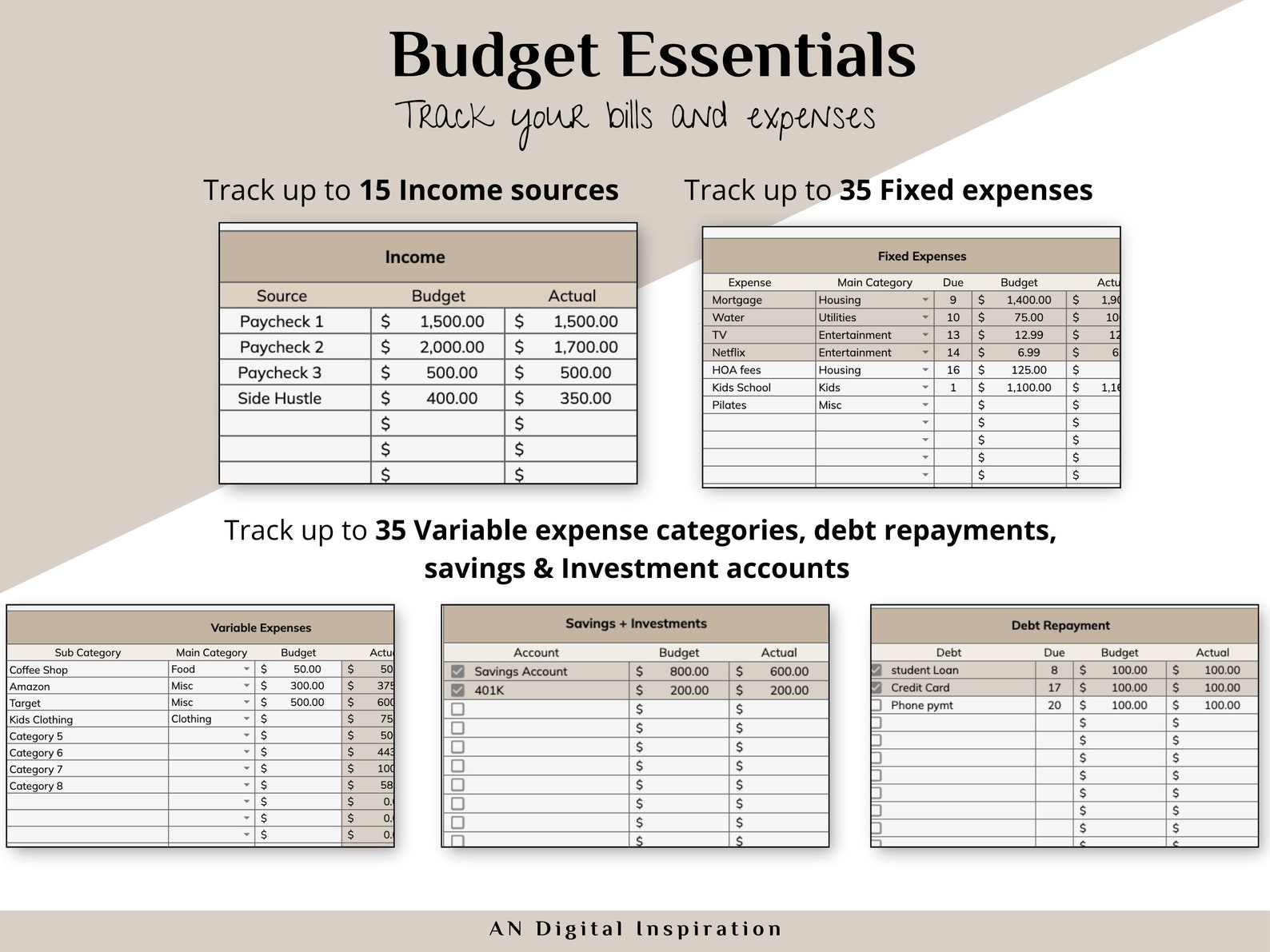 Simple Budget Spreadsheet Monthly Google Sheets Digital Planner ...