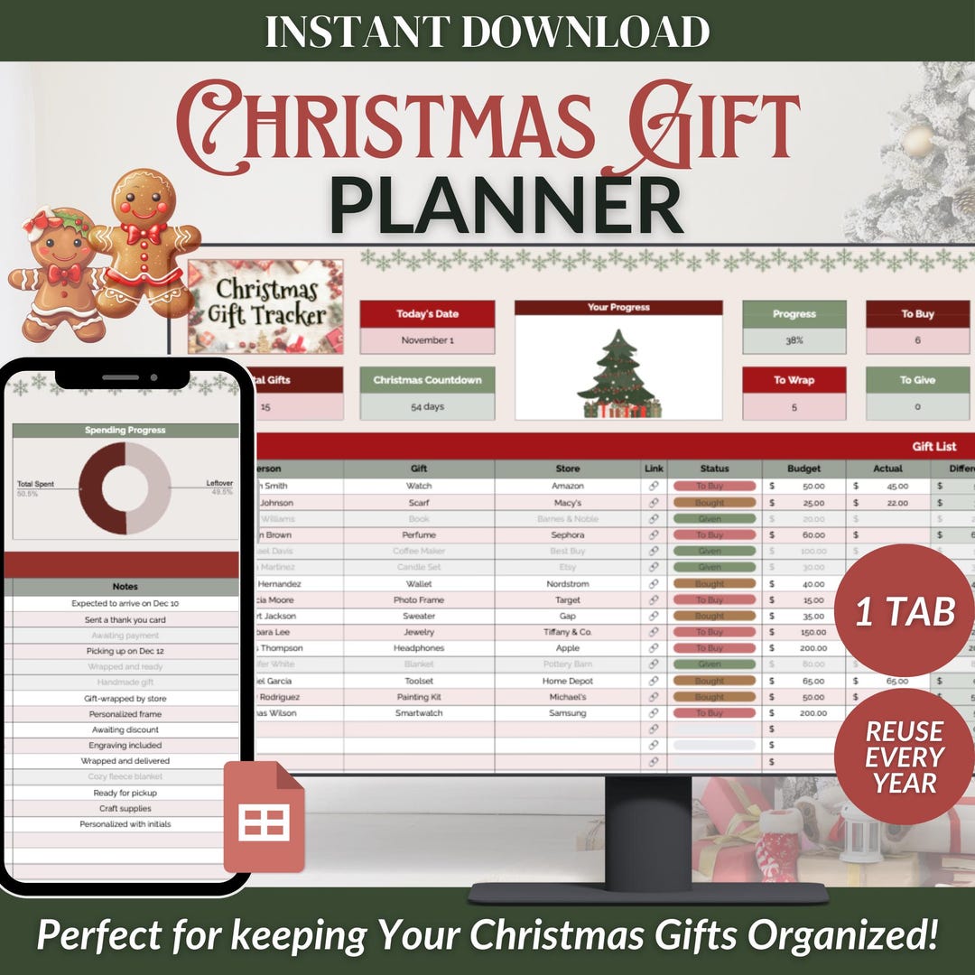 Green Holiday Gift Google Spreadsheet Budget Planner Christmas Gift ...