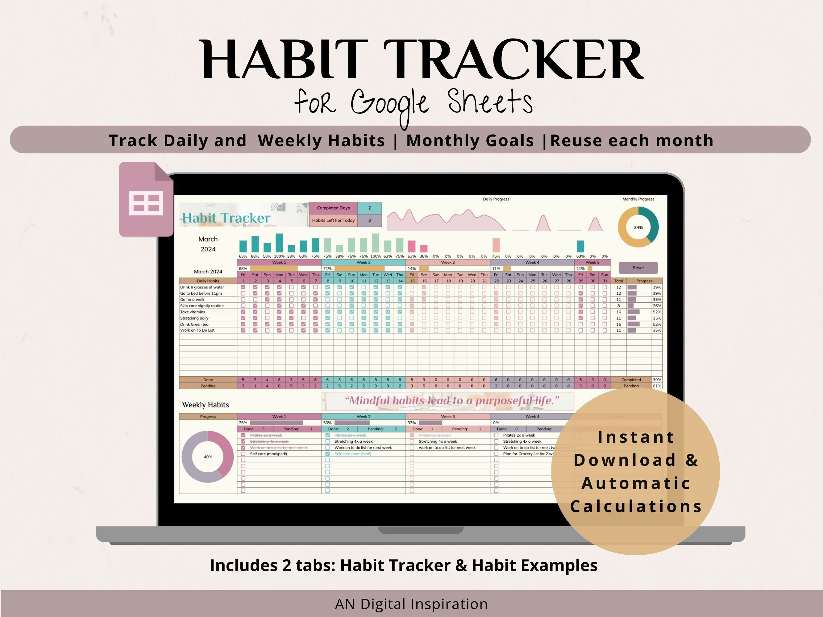 Google Sheets Monthly Habit Tracker Gift for College Student Goal ...