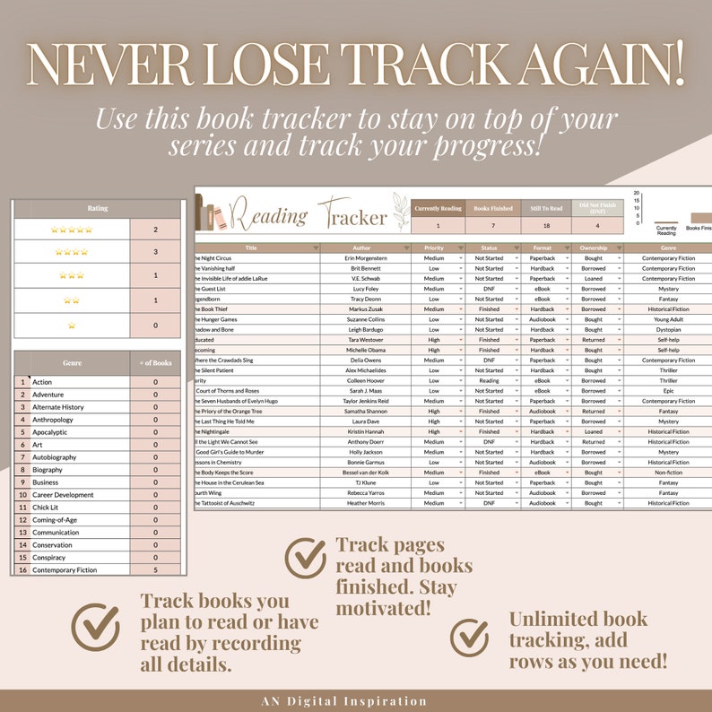Reading Tracker Google Sheet: Minimalist Digital Journal (excel & PDF ...