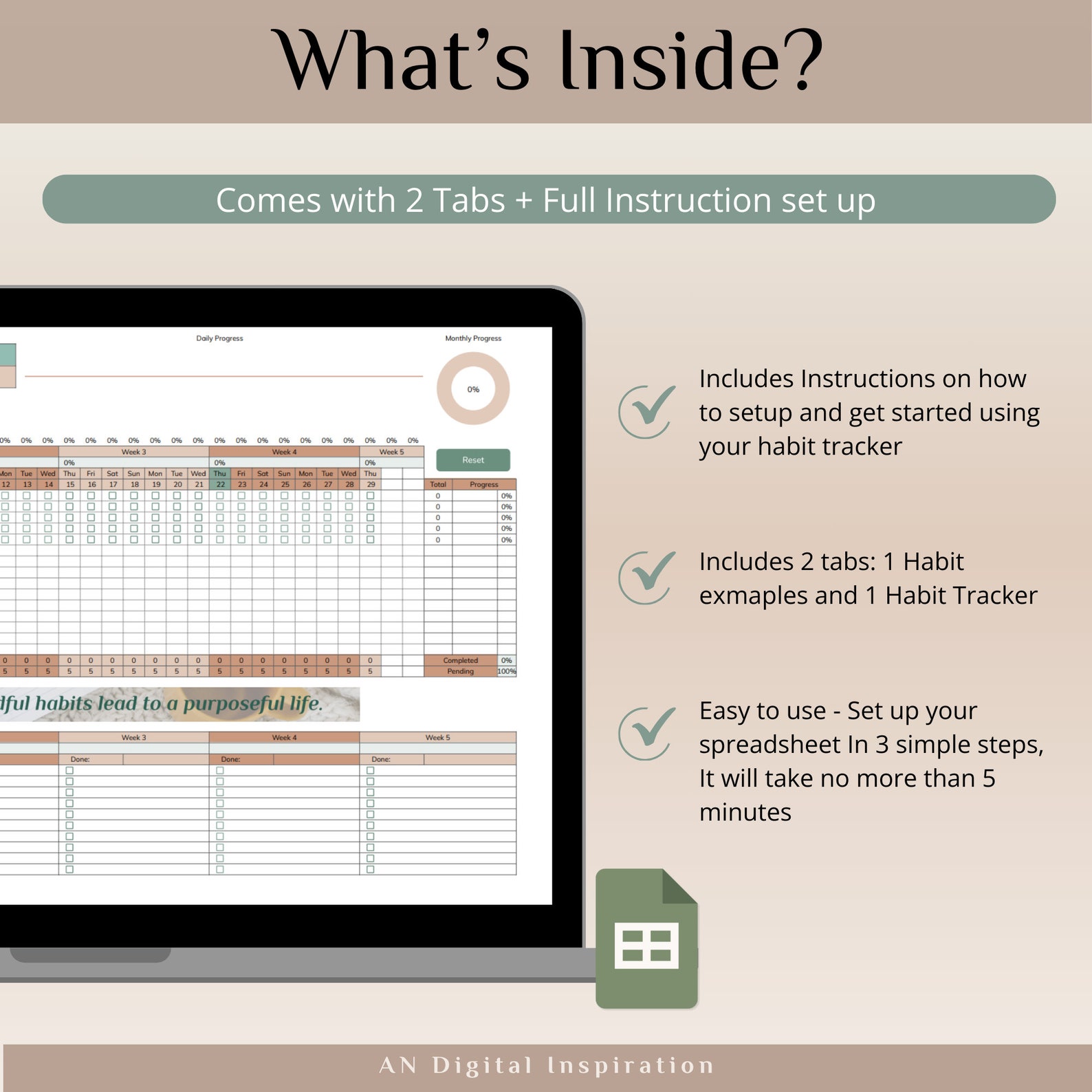 Boho Digital Daily Habit Tracker Spreadsheet Google Sheet Template for ...
