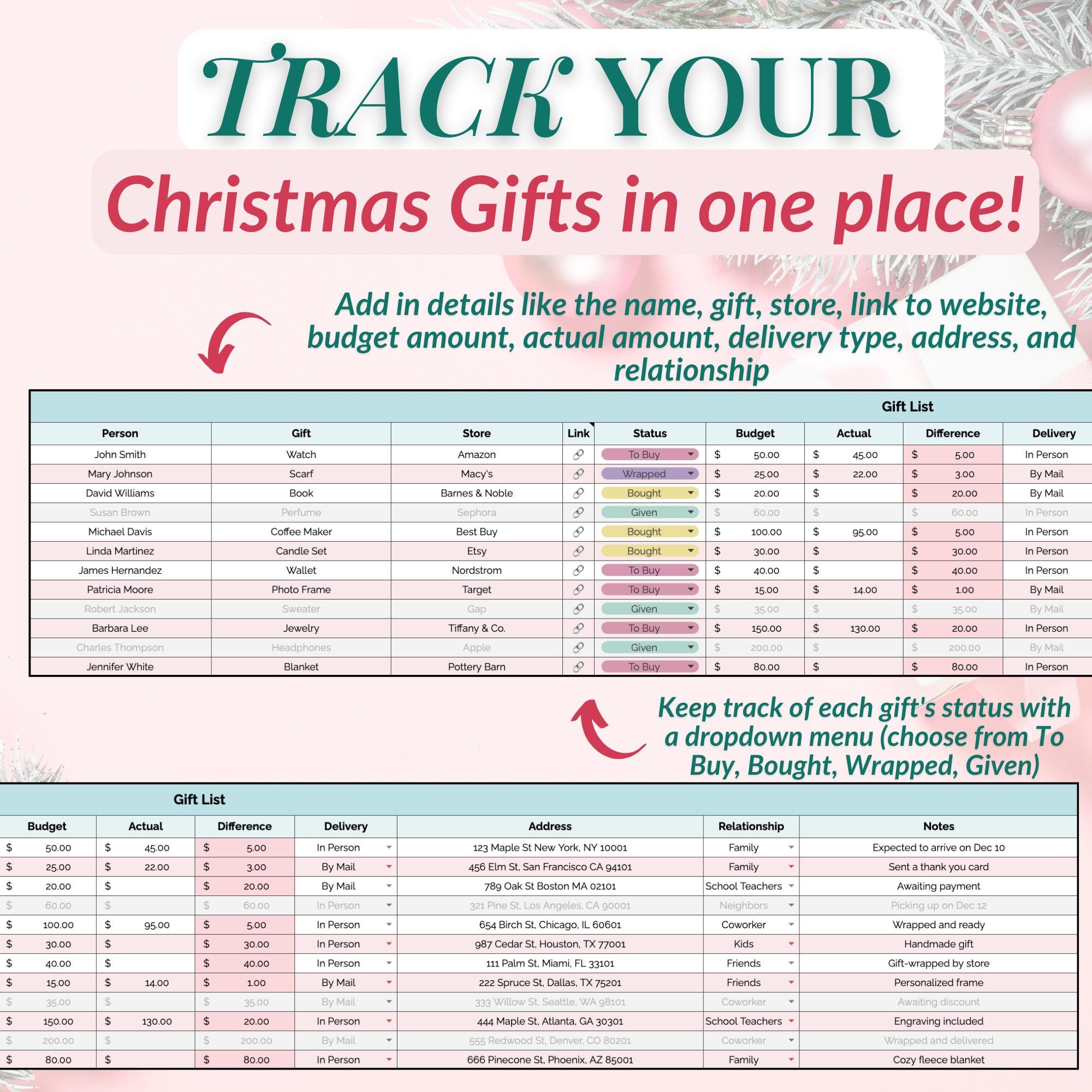 Christmas Gift Tracker Holiday Planner Digital Download Gift Organizer ...