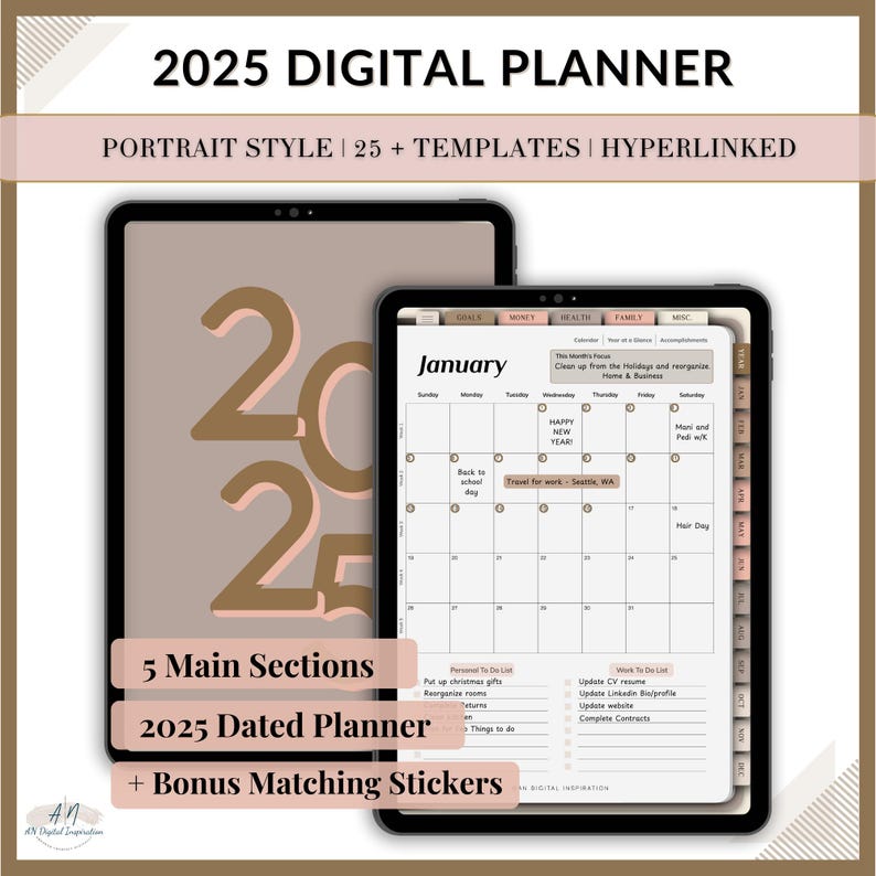 2025 Digital Planner Hyperlinked Goal Finance Health Wellness Monthly Weekly Tracker With Annual ...