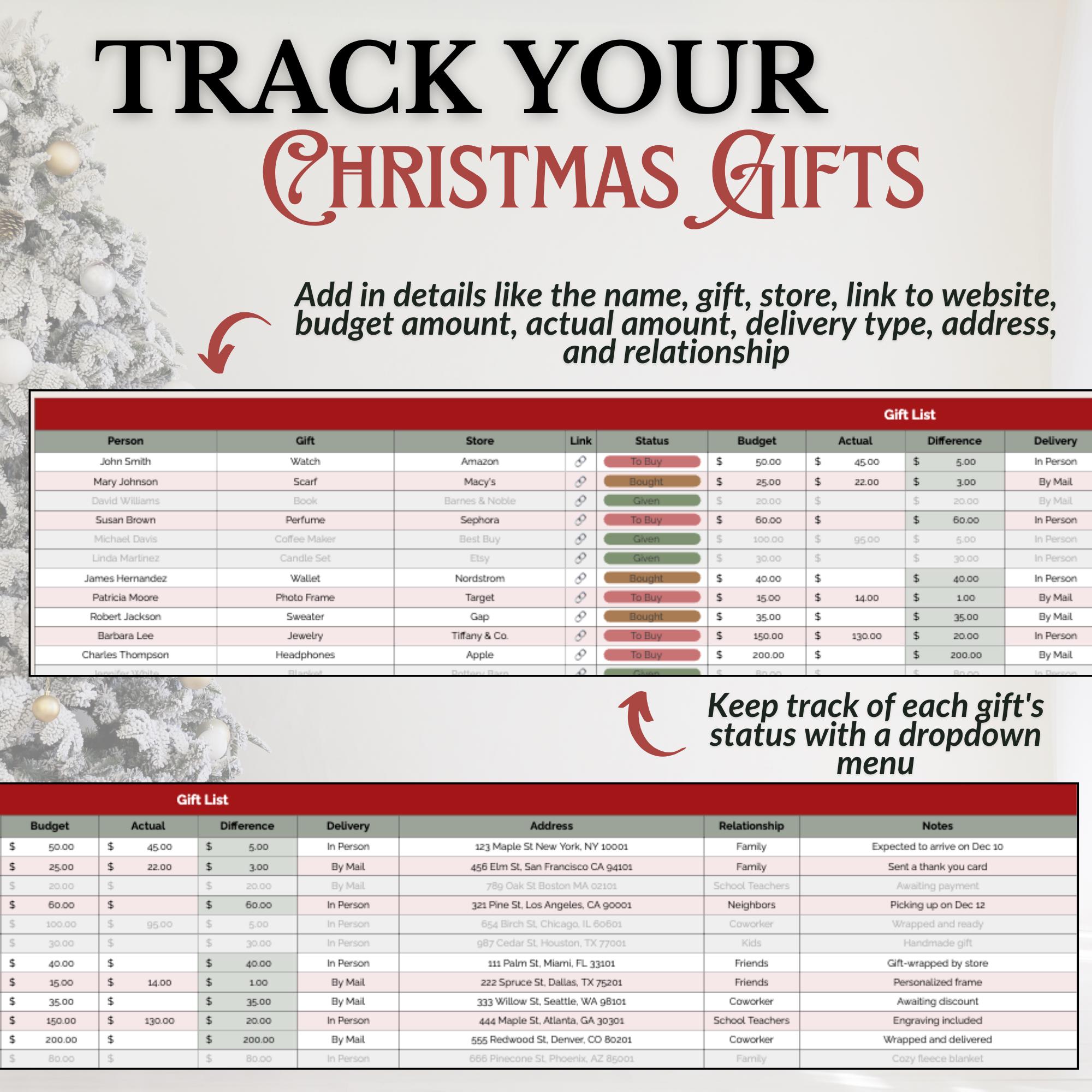 Green Holiday Gift Google Spreadsheet Budget Planner Christmas Gift ...