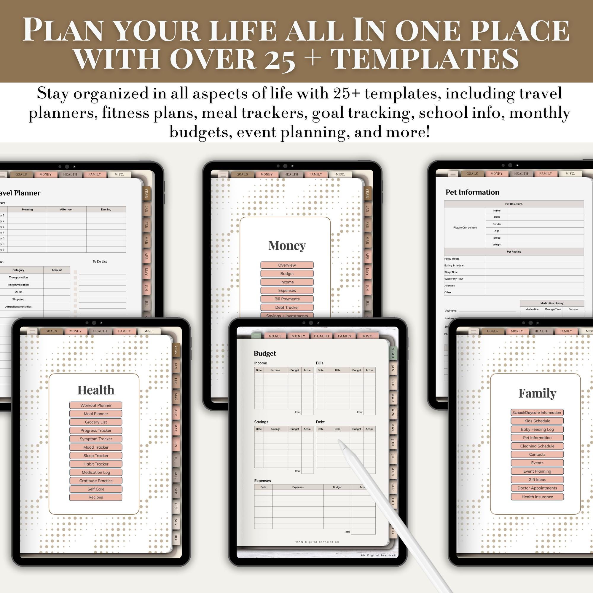 2025 Digital Planner Hyperlinked Goal Finance Health Wellness Monthly ...