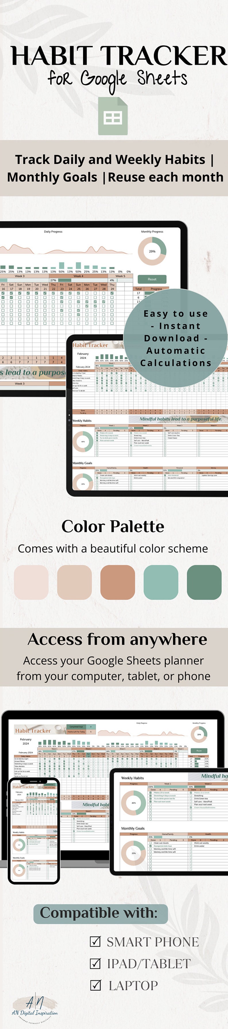 Boho Digital Daily Habit Tracker Spreadsheet Google Sheet Template for ...