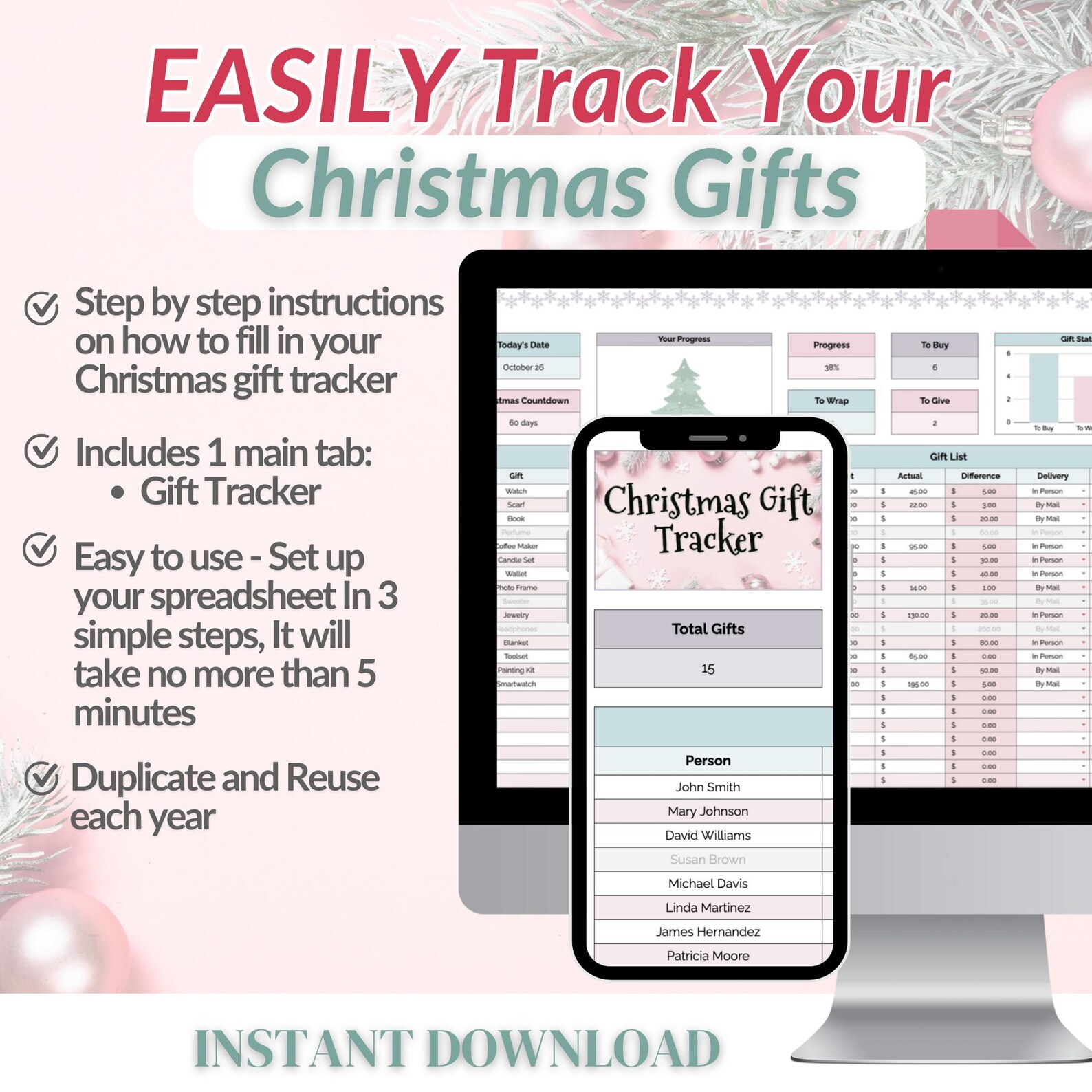 Christmas Gift Tracker Holiday Planner Digital Download Gift Organizer ...