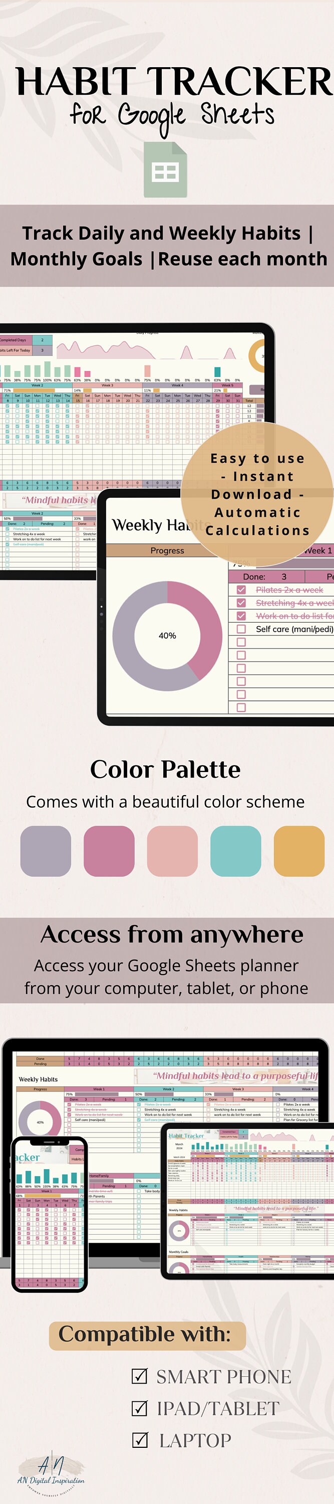 Google Sheets Monthly Habit Tracker Gift for College Student Goal ...