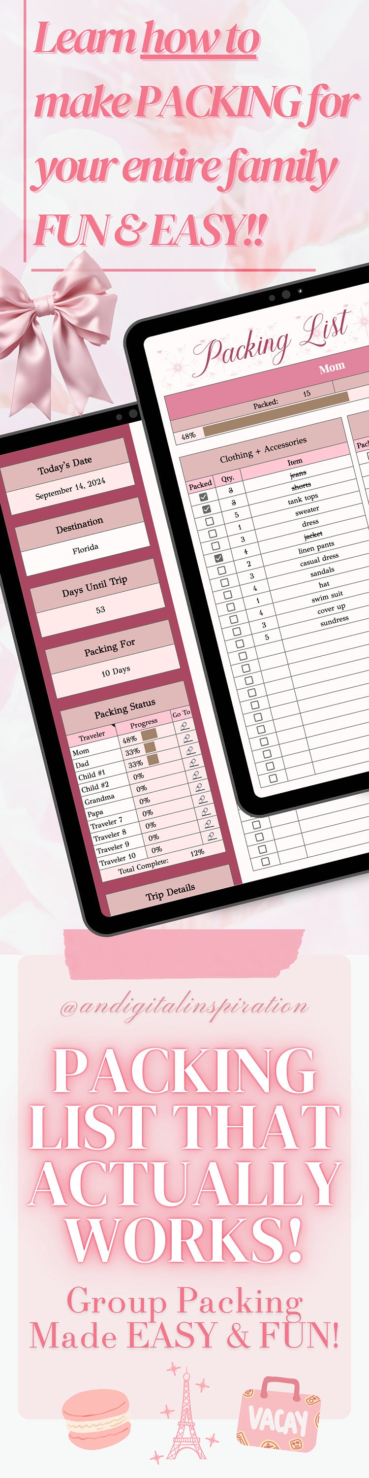 Road Trip Floral Digital Packing List for Family Vacation Editable ...