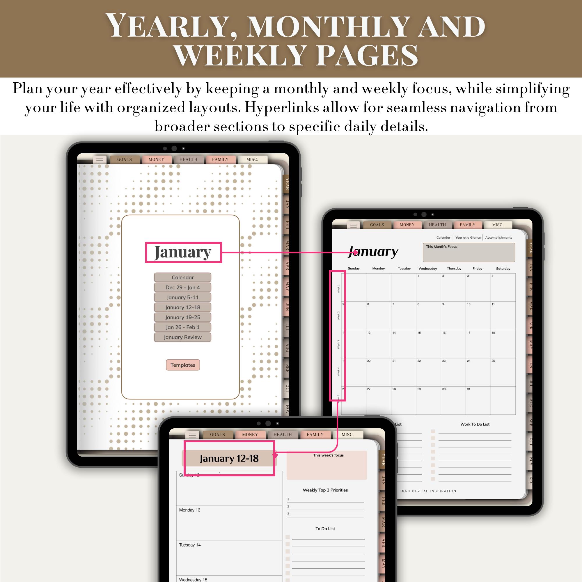 2025 Digital Planner Hyperlinked Goal Finance Health Wellness Monthly ...