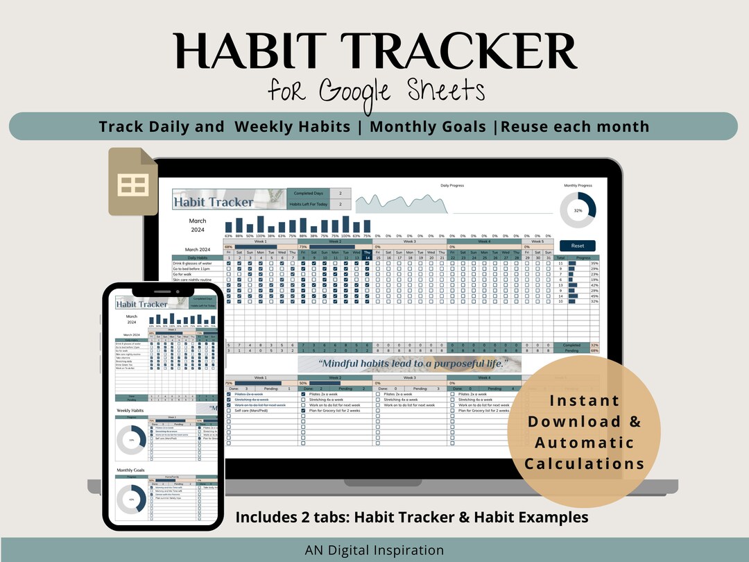 Simple Google Sheets Habit Tracker for Women Daily Habit Planner ...