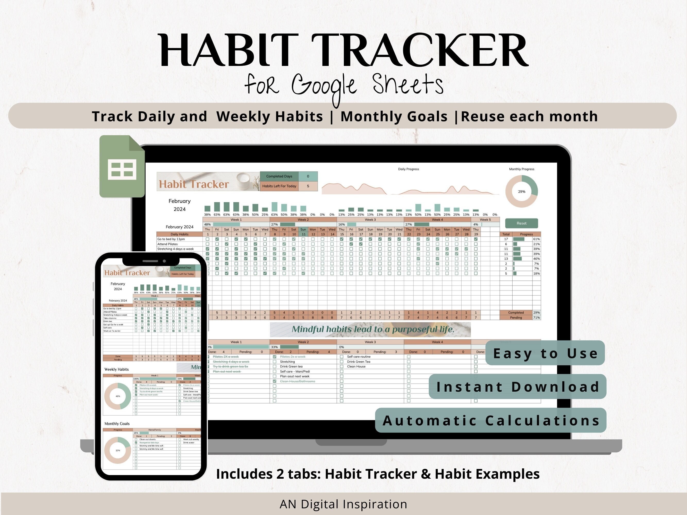 Boho Digital Daily Habit Tracker Spreadsheet Google Sheet Template for ...