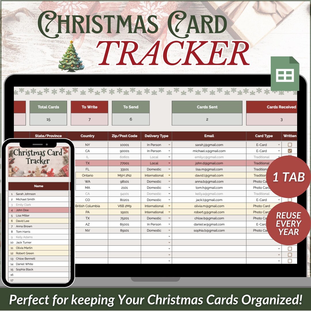 Christmas Card Google Sheet Tracker for Event Planning Holiday Reusable ...