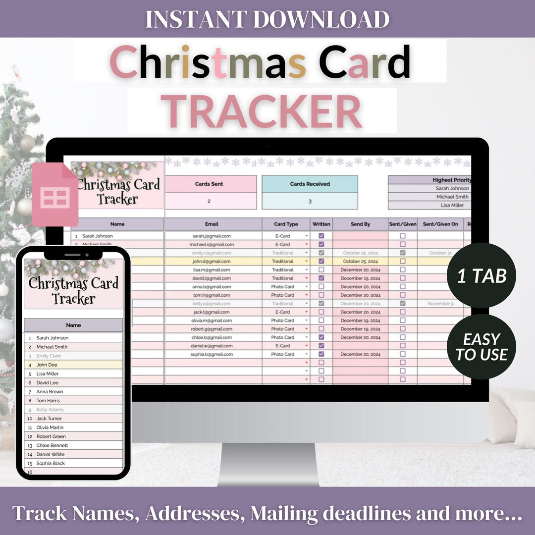 Christmas Card Tracker Digital Holiday Organizer Mailing List Manager ...