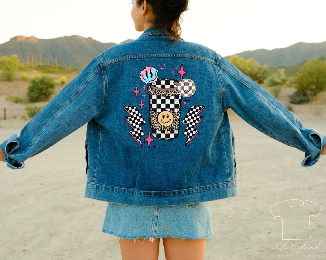 Checkered Pattern Smile Face Jean Jacket, Retro Denim Jacket, Boho ...