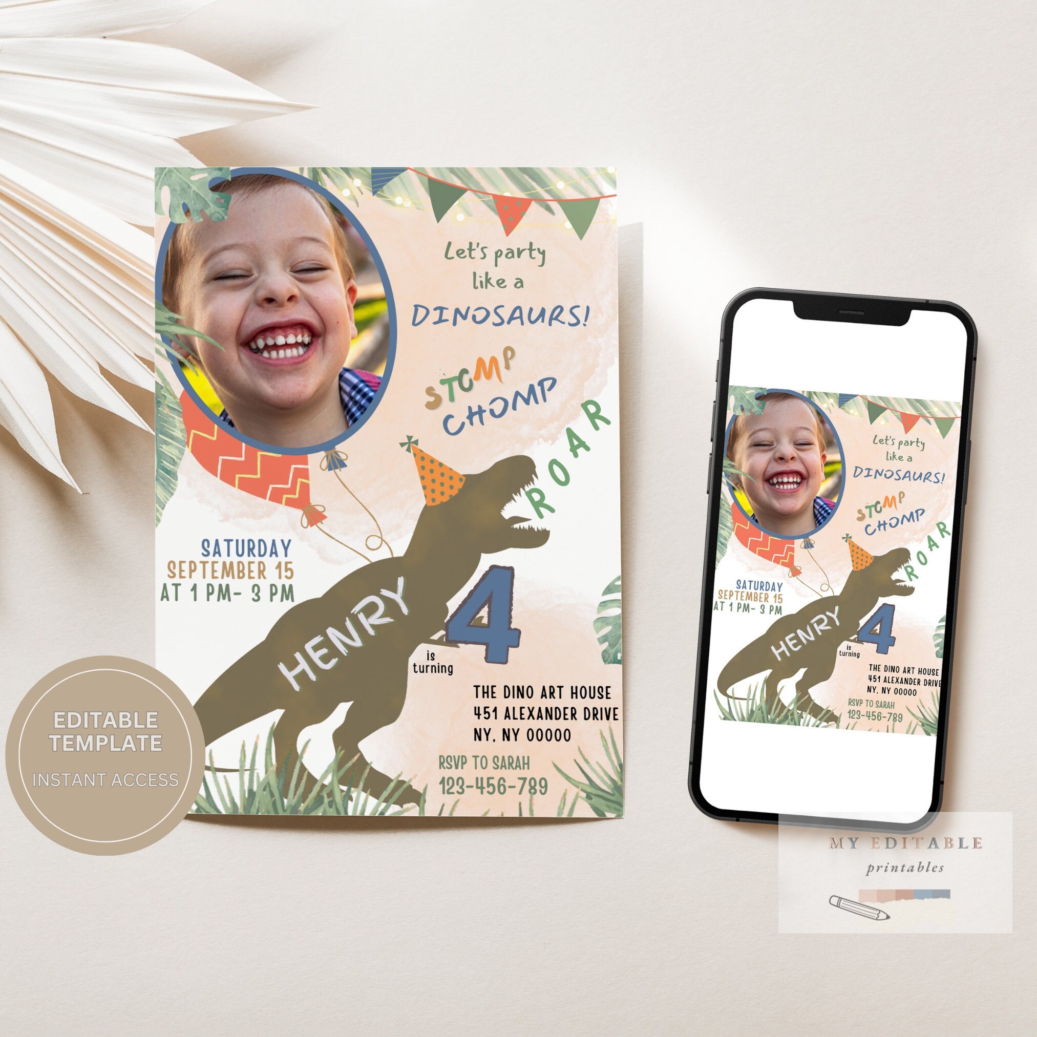 Editable Dinosaur Birthday Photo Invitation Dino 4rd Party Editable ...