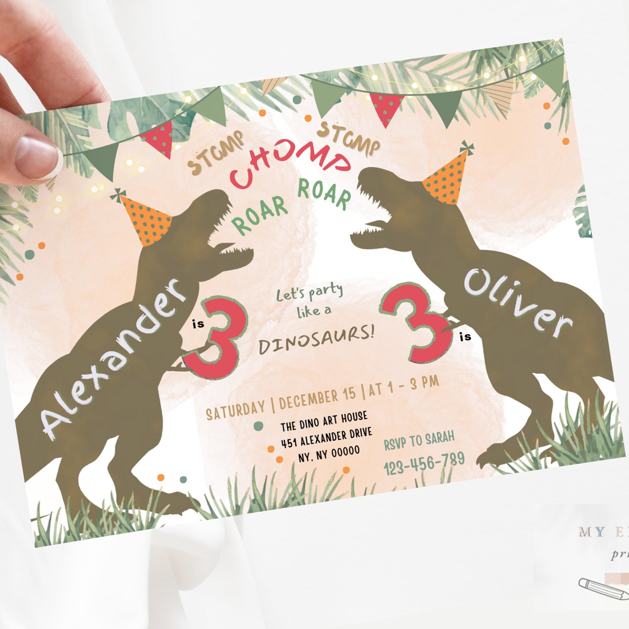 Double Birthday Party Invitation EDITABLE Dinosaur Twins Party Dino 3rd ...