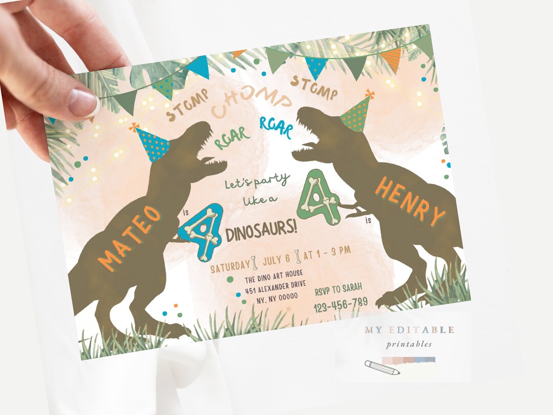 Personalised Editable Siblings Birthday Party Invitation Dinosaur Twins ...