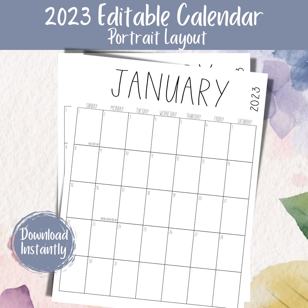2023 Portrait Monthly Calendar Printable Monthly Calendar - Etsy