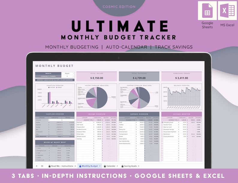 EXCEL & GOOGLE Ultimate Monthly Budget Tracker | Savings, Calendar ...