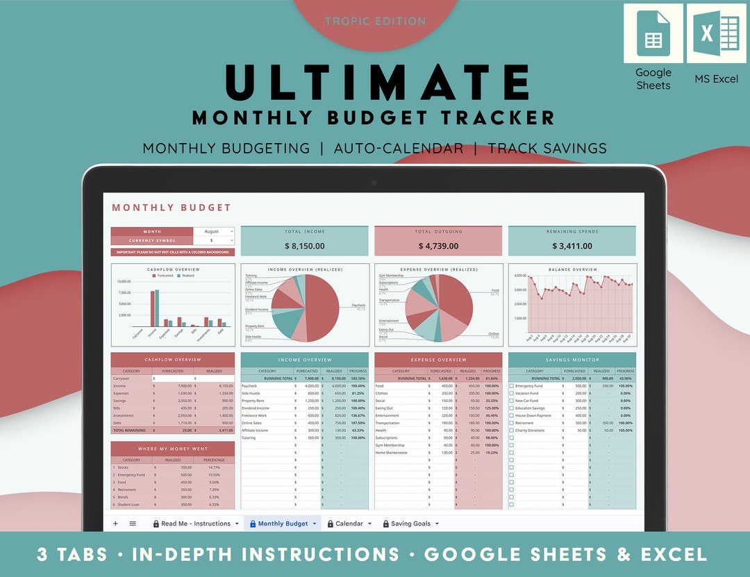 Monthly Budgeting Spreadsheet | EXCEL & GOOGLE Sheets, Track Income and ...