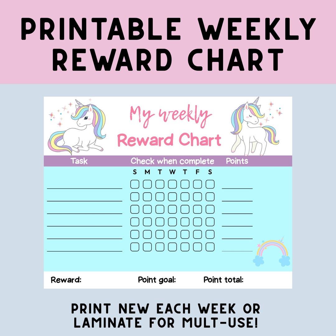 Unicorn Weekly Reward Chart for Kids | Printable Chore & Behavior Chart ...