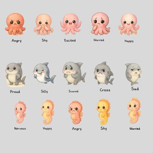 50 Kids Feelings Animals Clipart Bundle | Kawaii Cartoon Emotions PNG ...