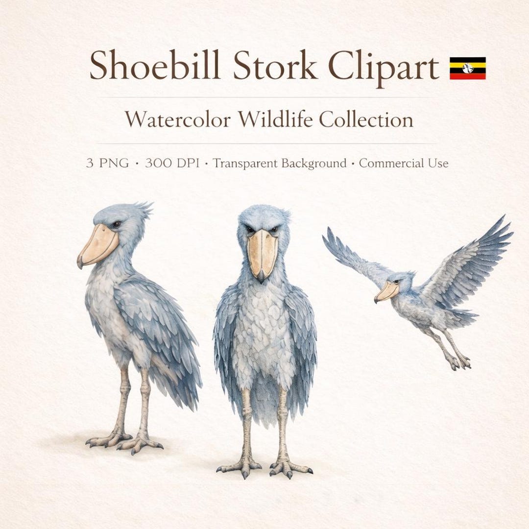 Shoebill Stork Clipart Set • 3 Watercolor Pngs • Transparent Background ...