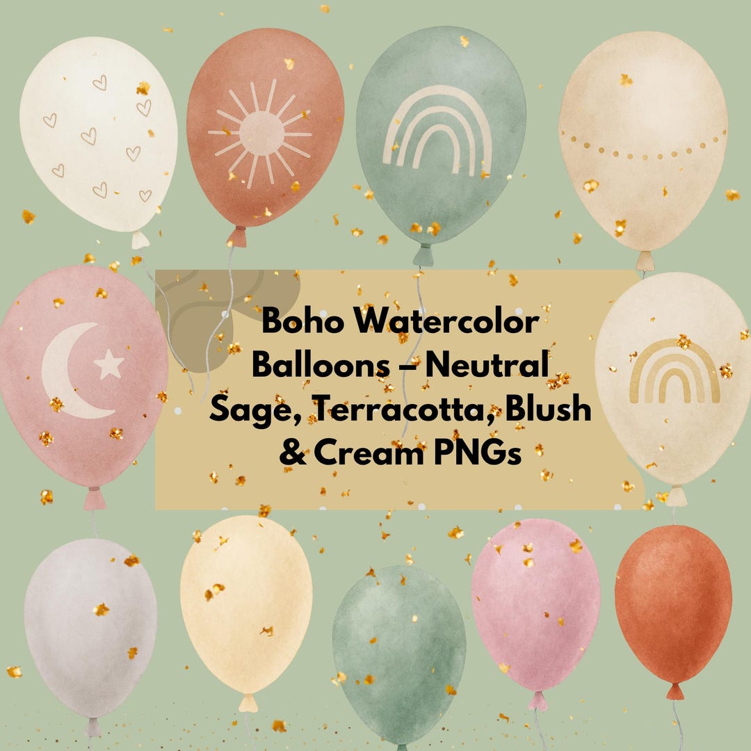 Boho Watercolor Balloon Clipart | Neutral Baby Shower PNG Set - Etsy