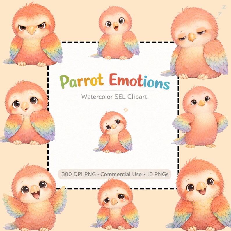 Parrot Feelings Clipart | Emotions Clipart for Kids | Pastel Watercolor ...