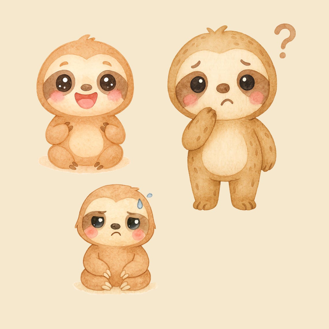 Sloth Feelings Clipart Bundle: Kawaii Watercolor Emotions PNG (digital ...