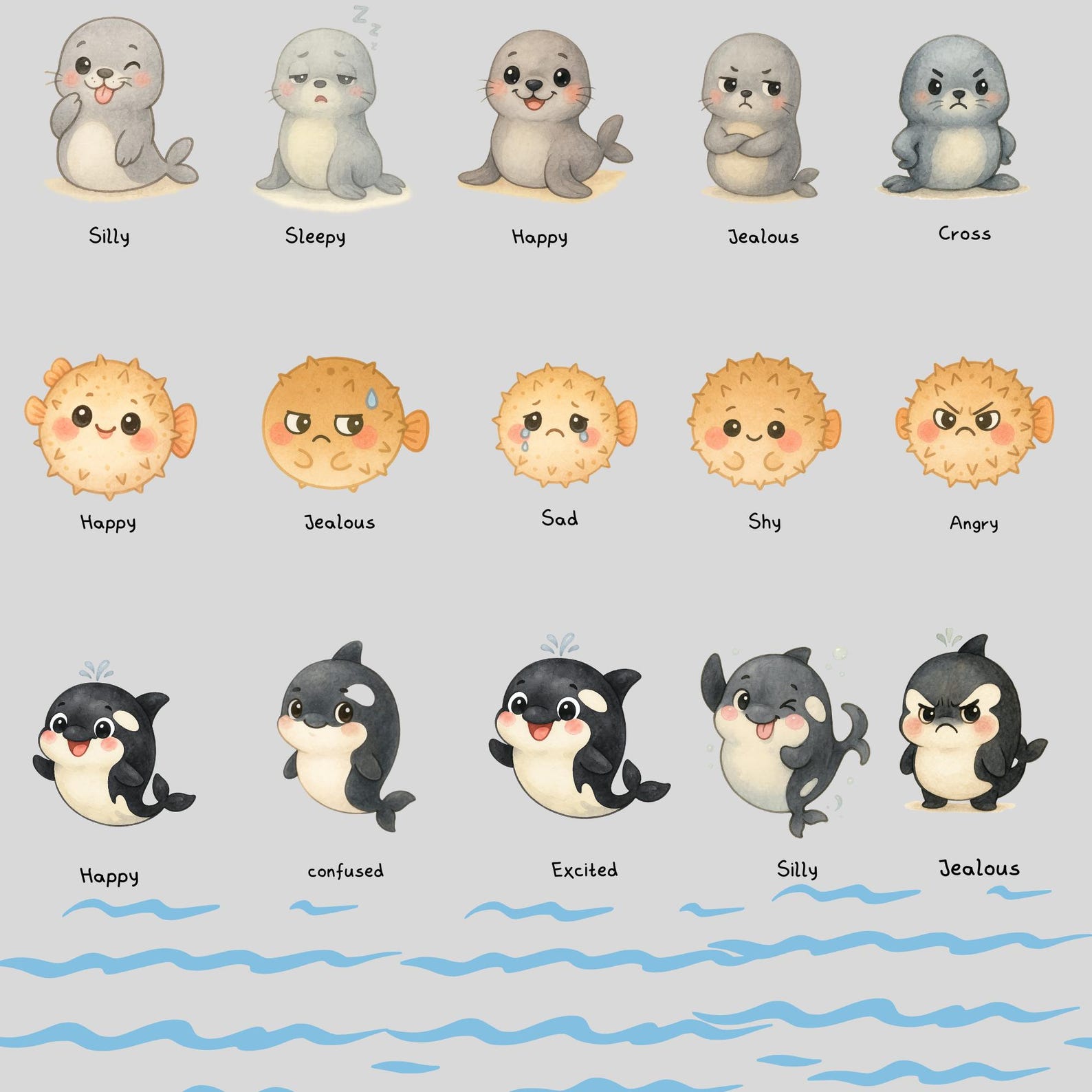 50 Kids Feelings Animals Clipart Bundle | Kawaii Cartoon Emotions PNG ...