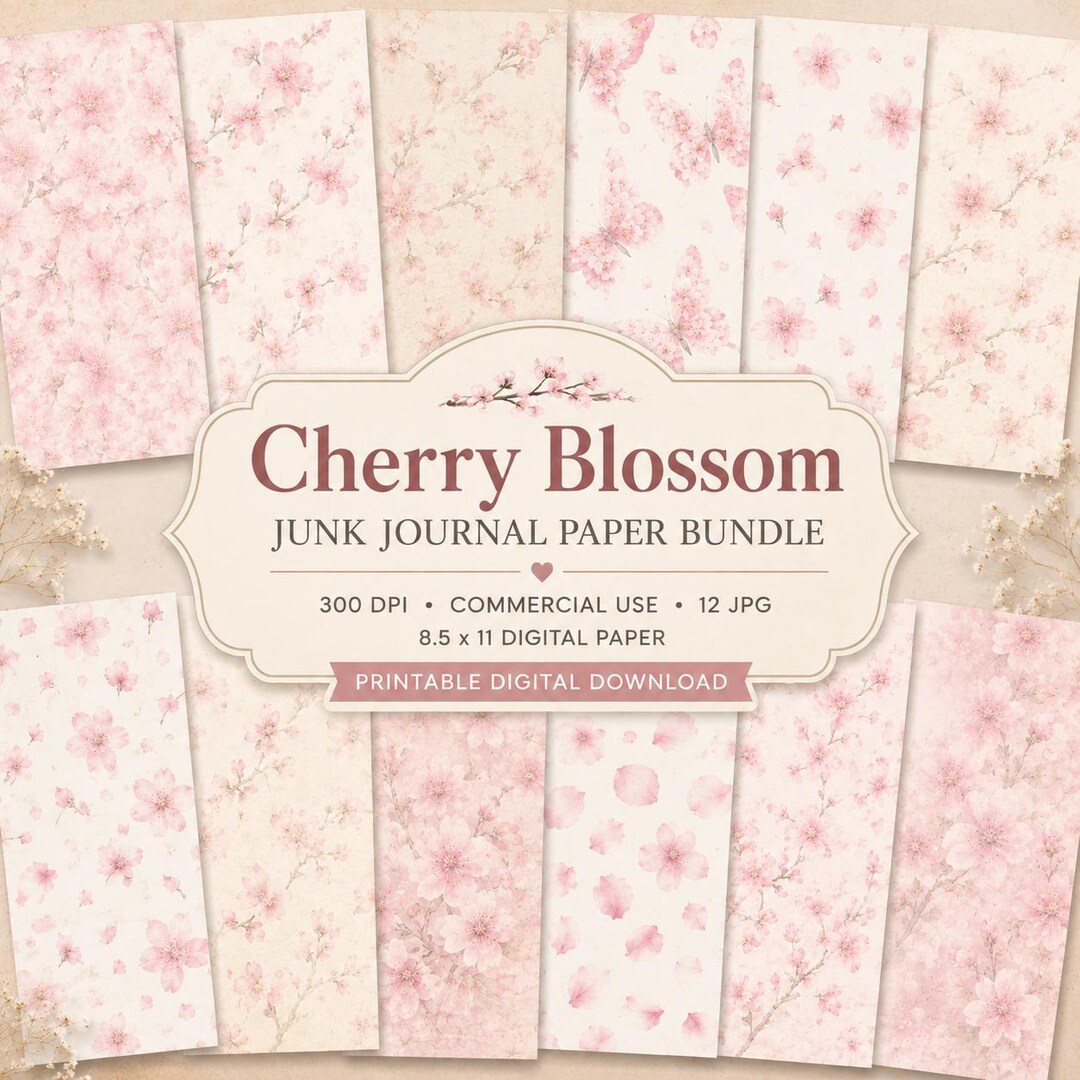 12 Cherry Blossom Digital Papers | Pink Sakura Junk Journal Paper ...