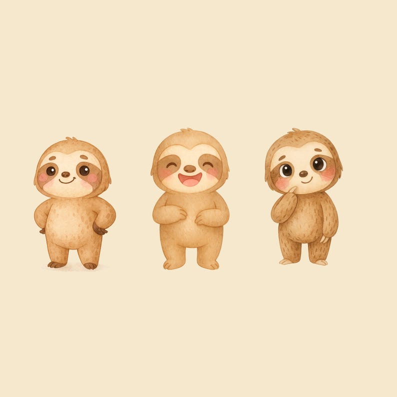 Sloth Feelings Clipart Bundle: Kawaii Watercolor Emotions PNG (digital ...