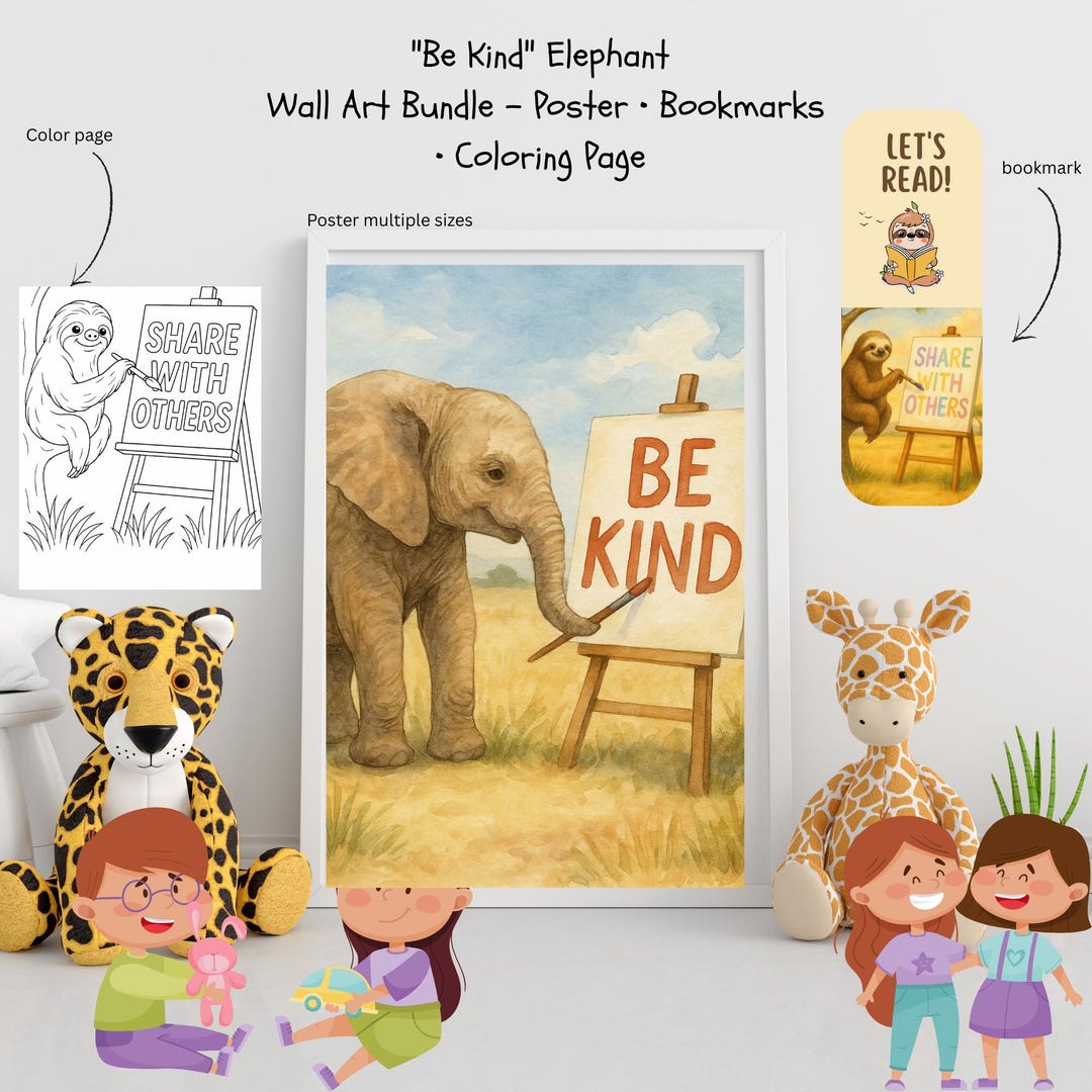 Be Kind Elephant Wall Art – Safari Watercolor Poster Coloring Page ...