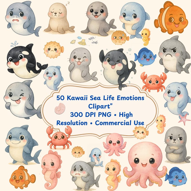 50 Kids Feelings Animals Clipart Bundle | Kawaii Cartoon Emotions PNG ...