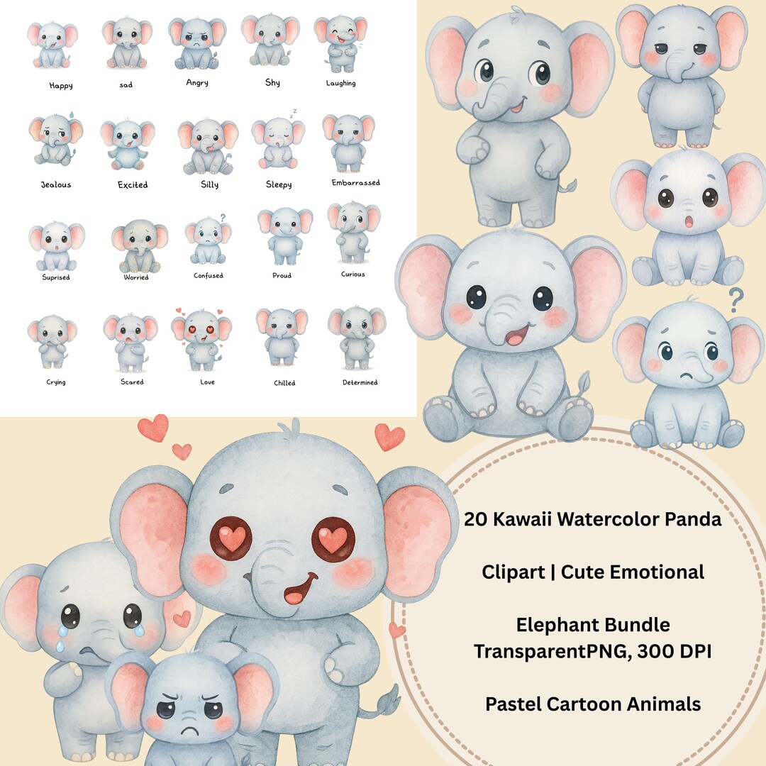 20 Kids Feelings Elephant Clipart Bundle | Kawaii Cartoon Emotions PNG ...