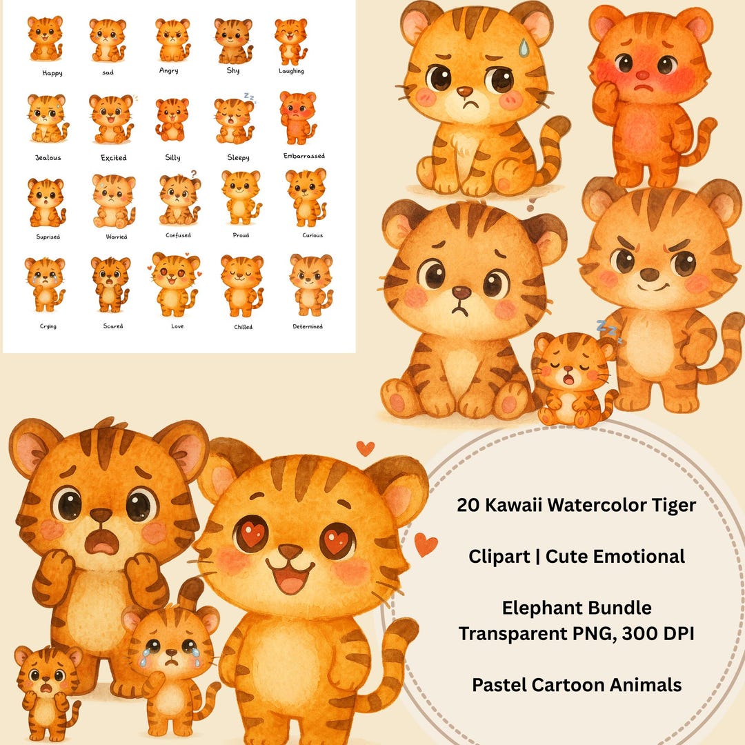 20 Kids Feelings Tiger Clipart Bundle | Kawaii Cartoon Emotions PNG ...