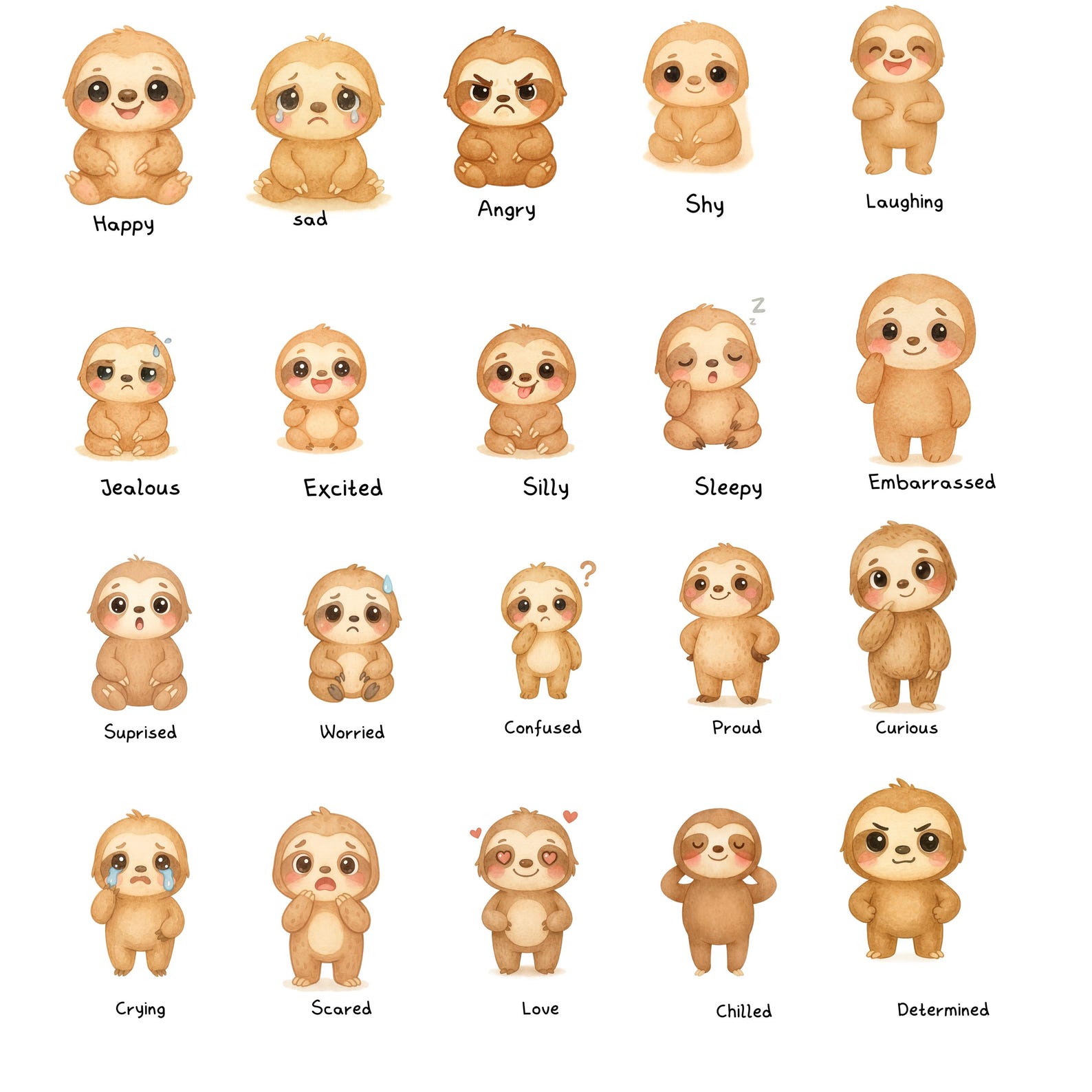 Sloth Feelings Clipart Bundle: Kawaii Watercolor Emotions PNG (digital ...