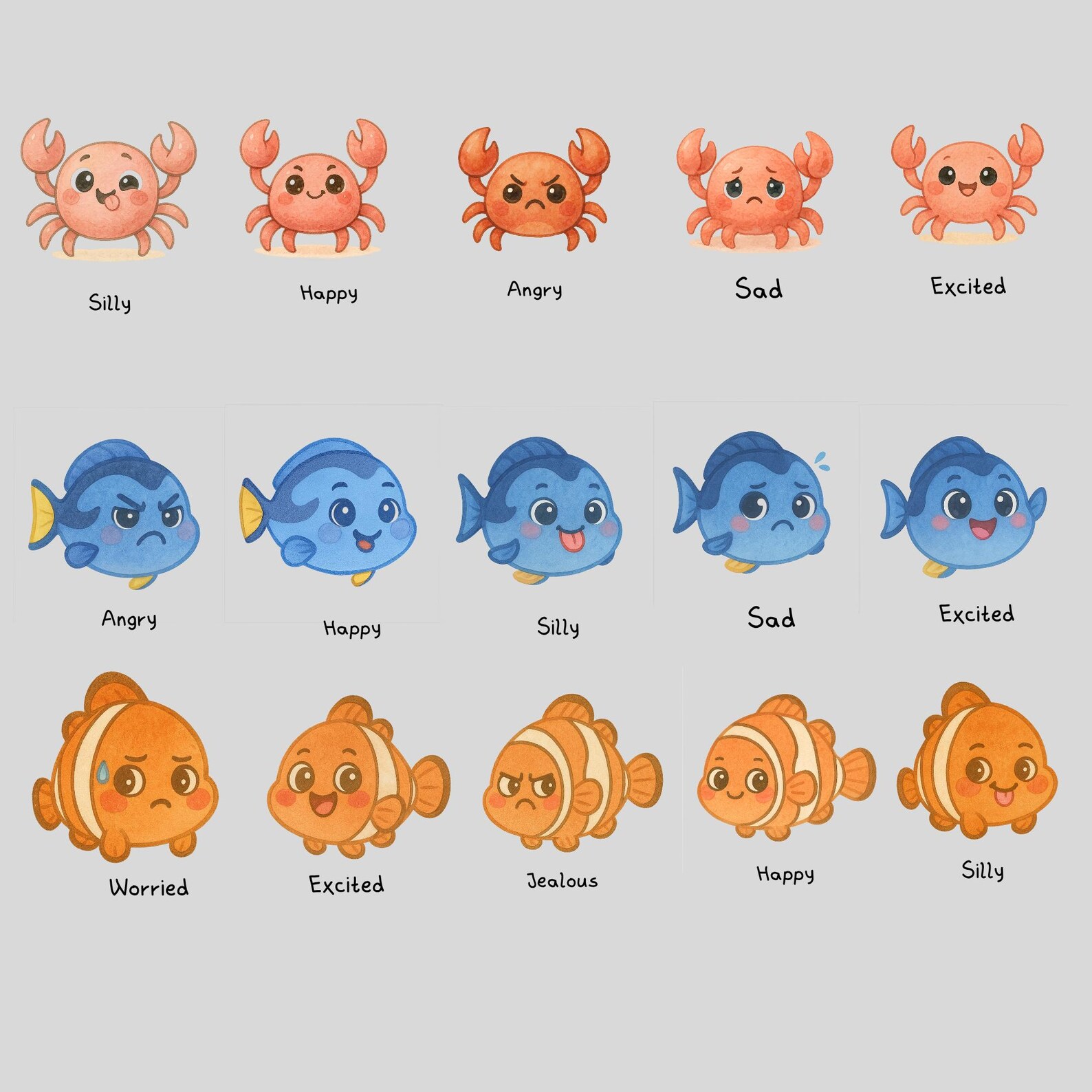 50 Kids Feelings Animals Clipart Bundle | Kawaii Cartoon Emotions PNG ...