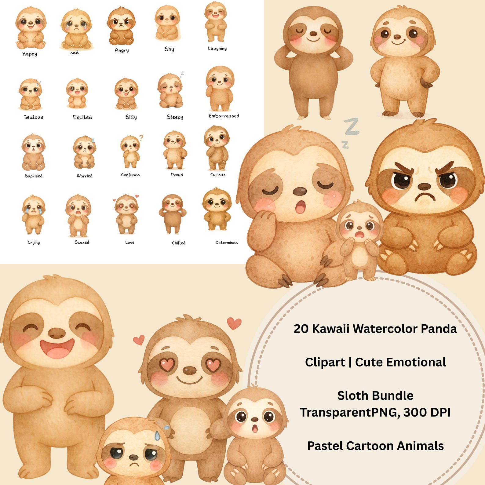 Sloth Feelings Clipart Bundle: Kawaii Watercolor Emotions PNG (digital ...