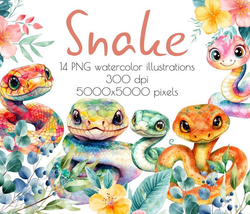 Baby Snakes Clipart Set, Watercolor Clipart, Baby Gift, Nursery ...