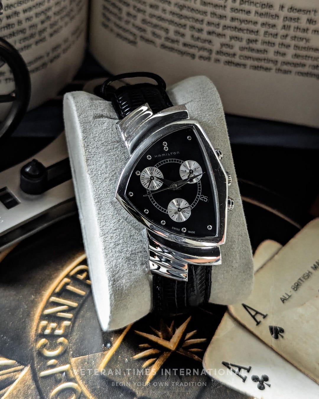 Hamilton Ventura-h244121-triangular Case-chronograph Quartz Black Watch ...