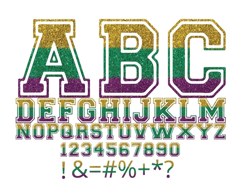 Sparkling Mardi Gras Glitter Doodle Letters PNG Bundle Sublimation ...