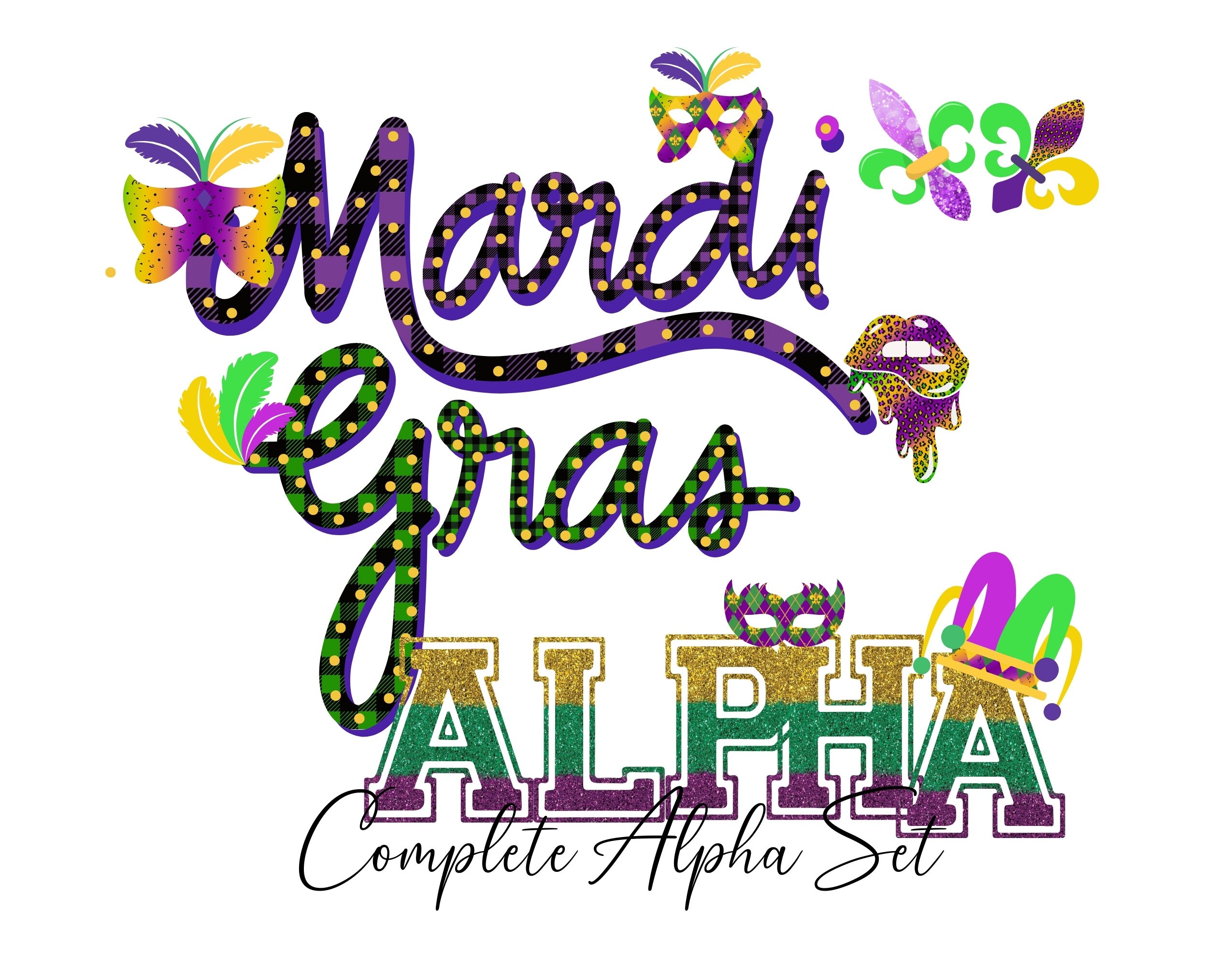 Sparkling Mardi Gras Glitter Doodle Letters PNG Bundle Sublimation ...