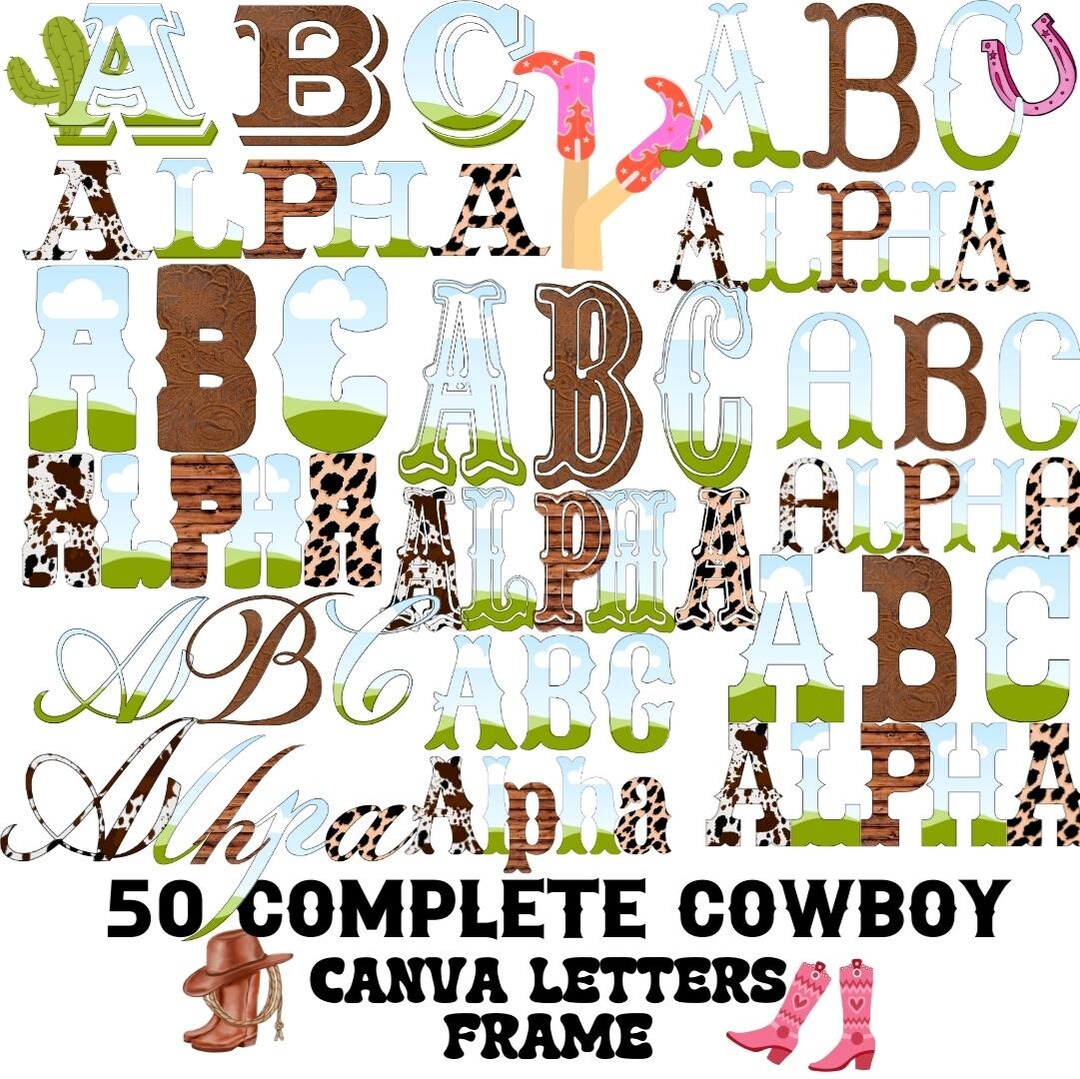 Western Canva Letters Frame Bundle,50 Complete Alphabet Set Cowboy ...