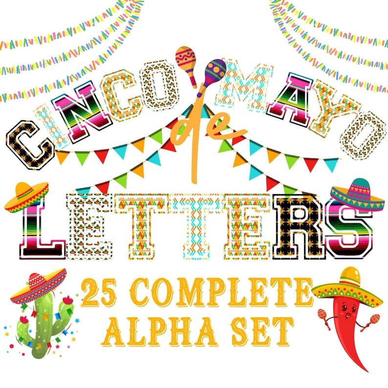 Fiesta Doodle Alphabet Bundle,25 Complete Cinco De Mayo Png Alpha Set ...